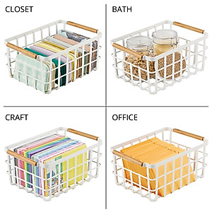 mDesign Metal Wire Food Organizer Storage Bin Basket with Bamboo Handles for Kitchen Cabinets/Pantry Organizing - Farmhouse Decor - Yami Collection - 8 Pack - Matte White/Natural