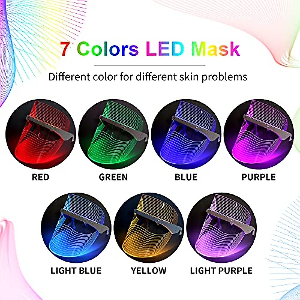 Yofuly 7 Colors L E D Facial Face Mâsk, Portable & Light Face M-Ask Skin Care Device for Home Use