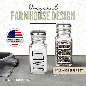 Clear Glass Salt and Pepper Shakers Set by Brighter Barns - Modern Kitchen Decor for Home Restaurant BBQ Camping RV - Farmhouse Kitchen Accessories - Glass Shakers & Stainless Steel Lids (Clear)