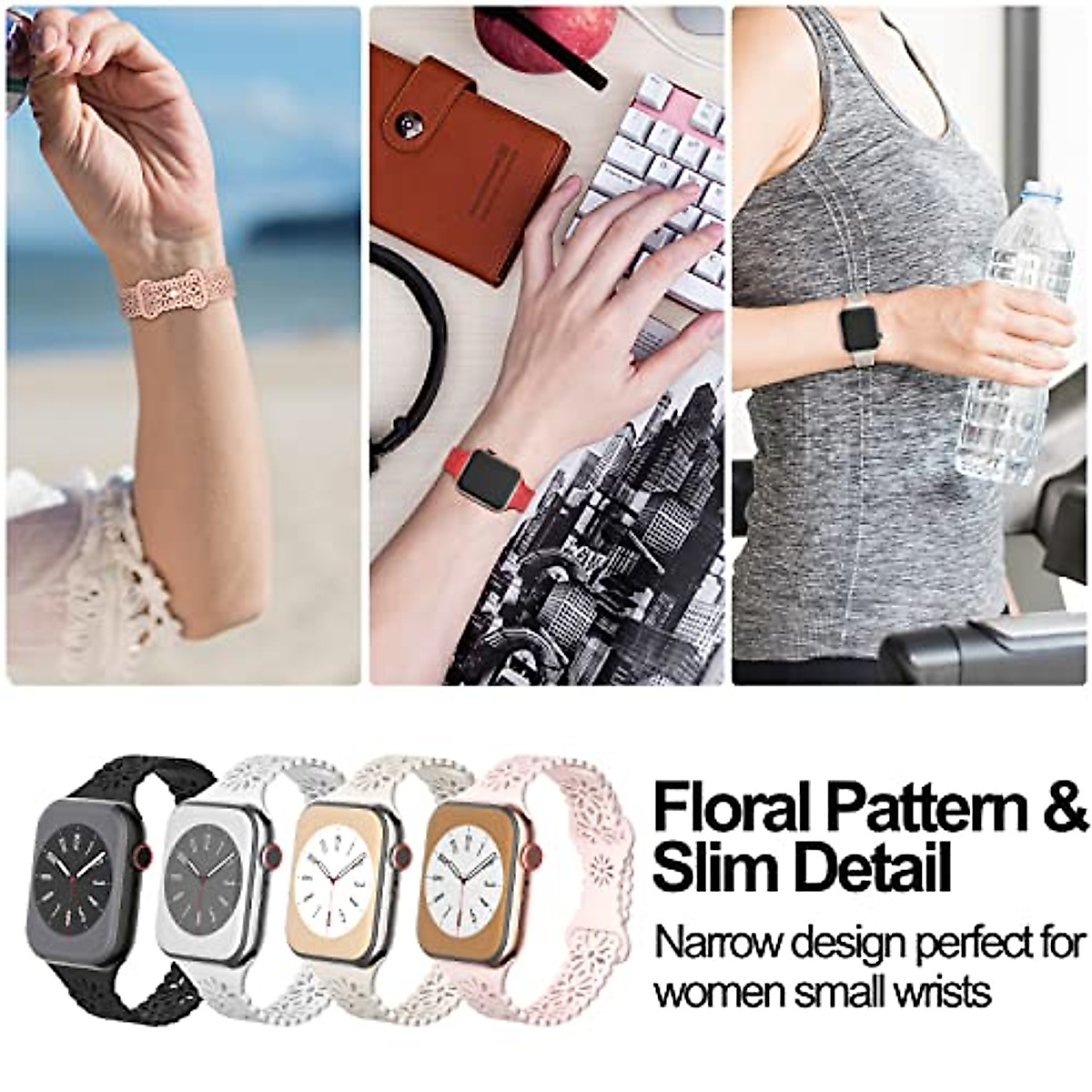 TSAAGAN 5 Pack Lace Silicone Bands Compatible for Apple Watch Band 38mm 40mm 41mm 42mm 44mm 45mm 49mm, Slim Hollow-out Breathable Sport Thin Strap for iWatch Ultra Series 8/7/SE/6/5/4/3/2/1 Women Men