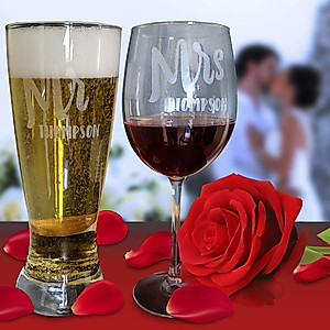 Personalized Mr & Mrs Couples Beer & Wine Glass Set - Set of 2 In Gift Box | Engraved Wedding Toasting Glasses
