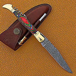 Smart & Sharp Custom Handmade Damascus Steel Folding Knife Pocket Knife AR17418Multi Colored wood Multi