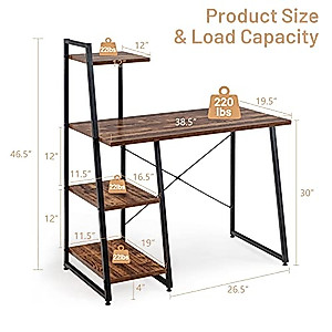 COSTWAY Computer Desk with 4-Tier Storage Shelves, Home Office Desk Writing Table with Sturdy X-Shape Frame, Adjustable Foot Pads, Modern Simple Style Small Study Desk, Wide Tabletop (Brown and Black)