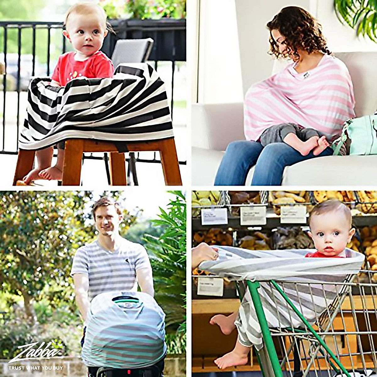 Car Seat Covers for Babies - Stretchy, Lightweight, and Extra Soft Nursing Cover - Multiuse - Covers Carseat, High Chairs, Shopping Carts - Bonus Infant Baby Beanie and Bag (Blue and Grey)