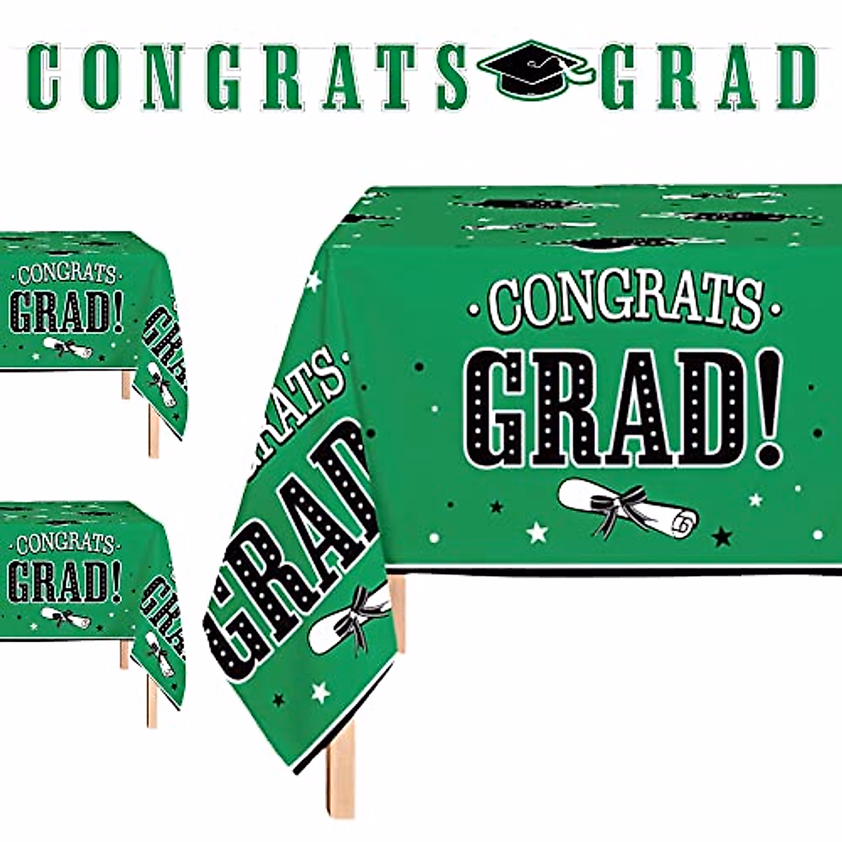 Oojami 3 Pack Table Cover Graduation Tableloths Graduation Party Large Size 54" x 108" Includes 1 Congrats Grad Banner Decorations for Class of 2023 (Green)