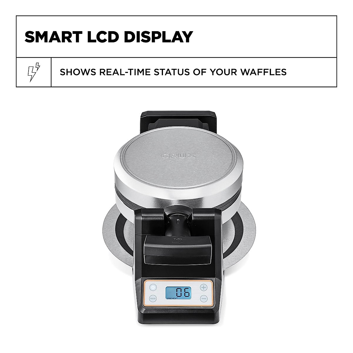 CRUX Rotating Belgian Waffle Maker with Deep Nonstick PFOA Free Plates, Digital Keto Chaffles Iron with LCD Display, Browning Control and Cord Storage, Stainless Steel