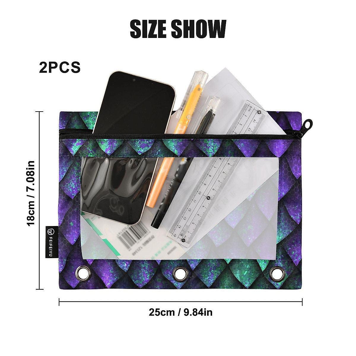 Dragon Scales Pencil Pouch for 3 Ring Binder 2 Pack Binder Pencil Case with Clear Window Pencil Bags with Zipper for College Office Daily Supplies