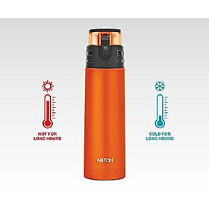 Milton Thermosteel Atlantis 600 Vacuum Insulated Thermosteel Water Bottle/flask 500 ml | 17 oz |Flip Top Lid Carry Handle Hot & Cold 18/8 Stainless Steel BPA Free Food Grade Leak-Proof | Orange