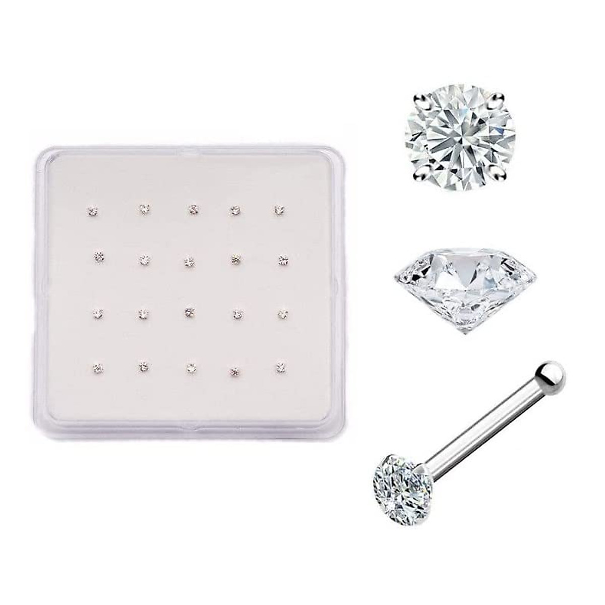 20 PC Box Sterling 925 Silver Prong Set Clear CZ Gem Nose Bone Stud Ring 22G Style 88888-1868