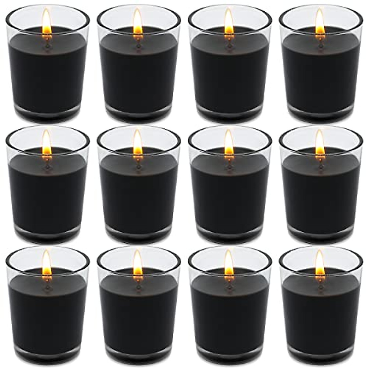 Set of 12 Black Votive Candles for Halloween Pumpkin, Clear Glass Filled Unscented Soy Wax Candle for Dinner, Parties, Home Decorations and DIY