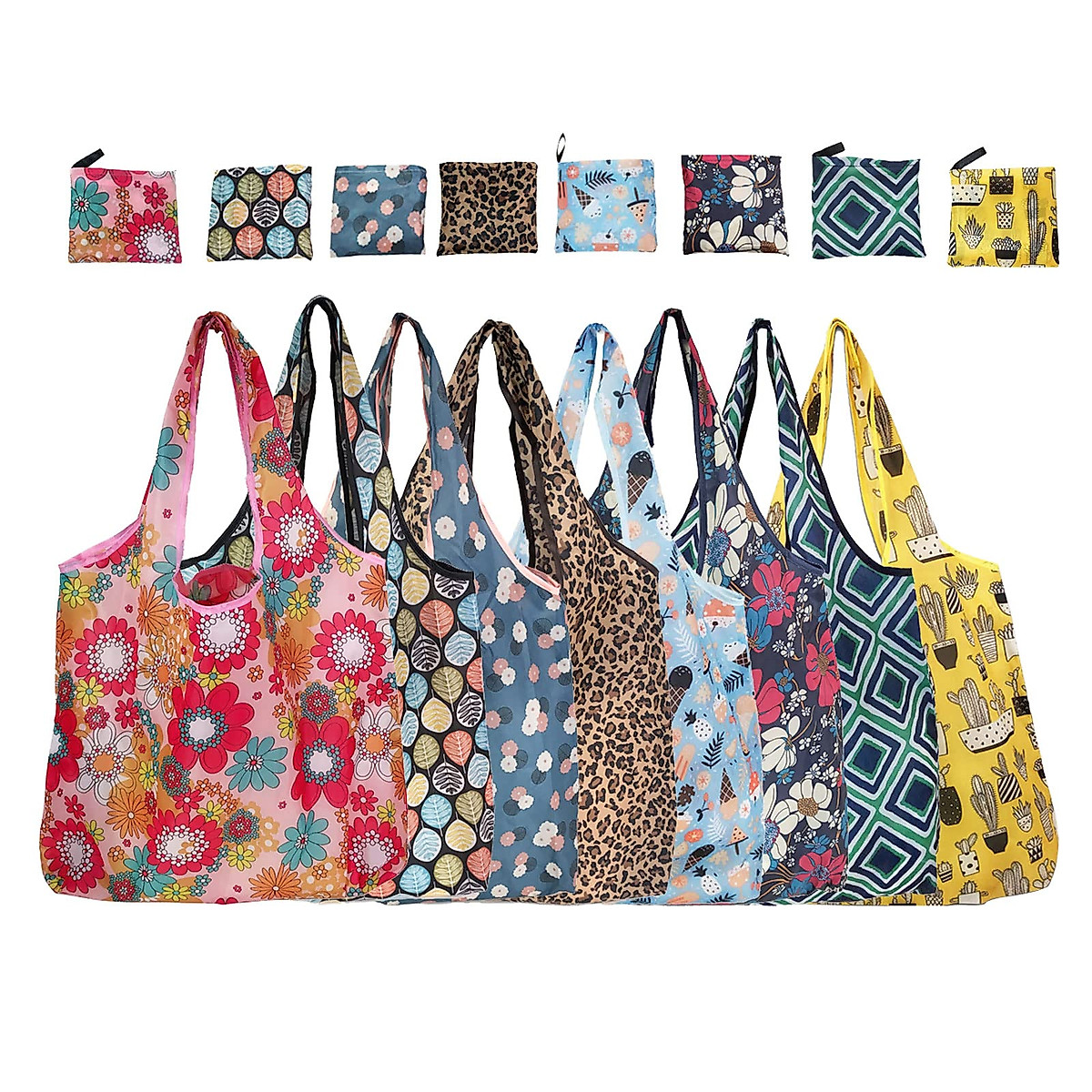 8Pcs Reusable Grocery Bags, 13.78x3.15x18.11" Foldable Floral Grocery Bags 190T Washable Groceries Shopping Tote Bags Sets Large Colorful Folding Reusable Bags with Zipper Fashion Handles Bags Bulk