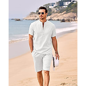 COOFANDY Men's 2 Pieces Linen Set Casual Henley Shirts Short Sleeve Beach Yoga Shorts Summer Pants Outfits