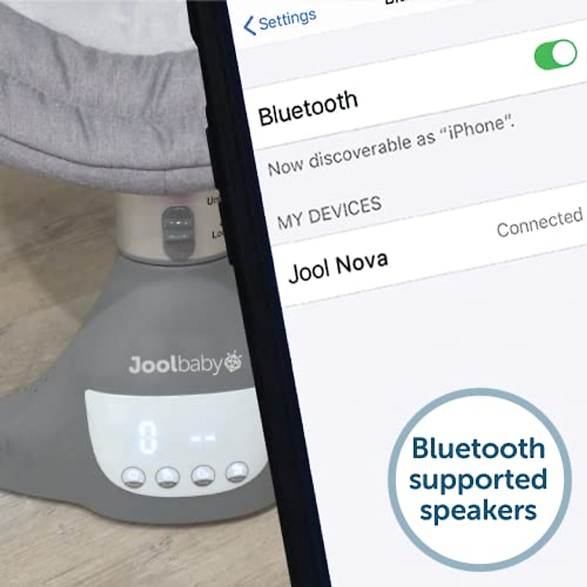 Nova Baby Swing for Infants - Motorized Bluetooth Swing, Music Speaker with 10 Preset Lullabies, Remote Control, Gray - Jool Baby