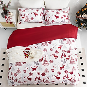 WONGS BEDDING Christmas Duvet Cover Queen, Merry Christmas Elk Snowflake Tree Red Bedding Duvet Covers with Zipper Closure for All Seasons, Red Soft Microfiber Bedding Set Queen 90"×90"