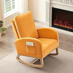 BeiXuan Modern Wood Indoor/Outdoor Rocking Chairs, Single Sofa Accent Nursery Rocking Chair with High Back Side Bag,Upholstered Glider Rocker for Living Room/Bedroom/GardenPatio,Orange Flannel Cloth