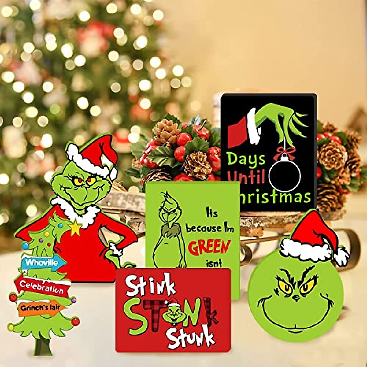 Christmas Tiered Tray Decorations Set Gifts (Tray Not Included) -𝑮𝒓𝒊𝒏𝒄𝒉𝒔 Christmas Decor,Grinchmas Table Top Xmas Christmas Party Decorations (Green-B)