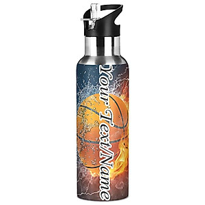 ZOEO Custom Stainless Steel Water Bottle Personalized Name Basketball Fire with Straw Lid Insulated Keeps Hot and Cold Flask Jug for Sports Gym Cycling Outdoor 20 Oz