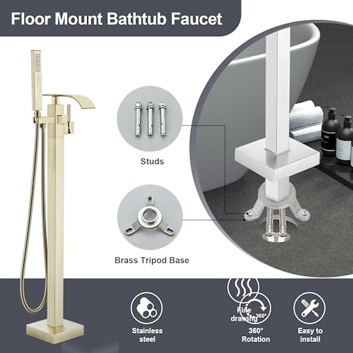 Senlesen Freestanding Bathtub Faucets Floor Mounted Tub Filler Faucet with Handshower Brushed Gold