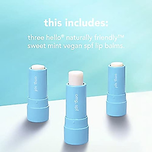 Hello Moisturizing Vegan Lip Balm SPF 15, Sweet Mint, Beeswax Free, Petrolatum Free, and Parabens Free, 0.15 Ounce (Pack of 3)