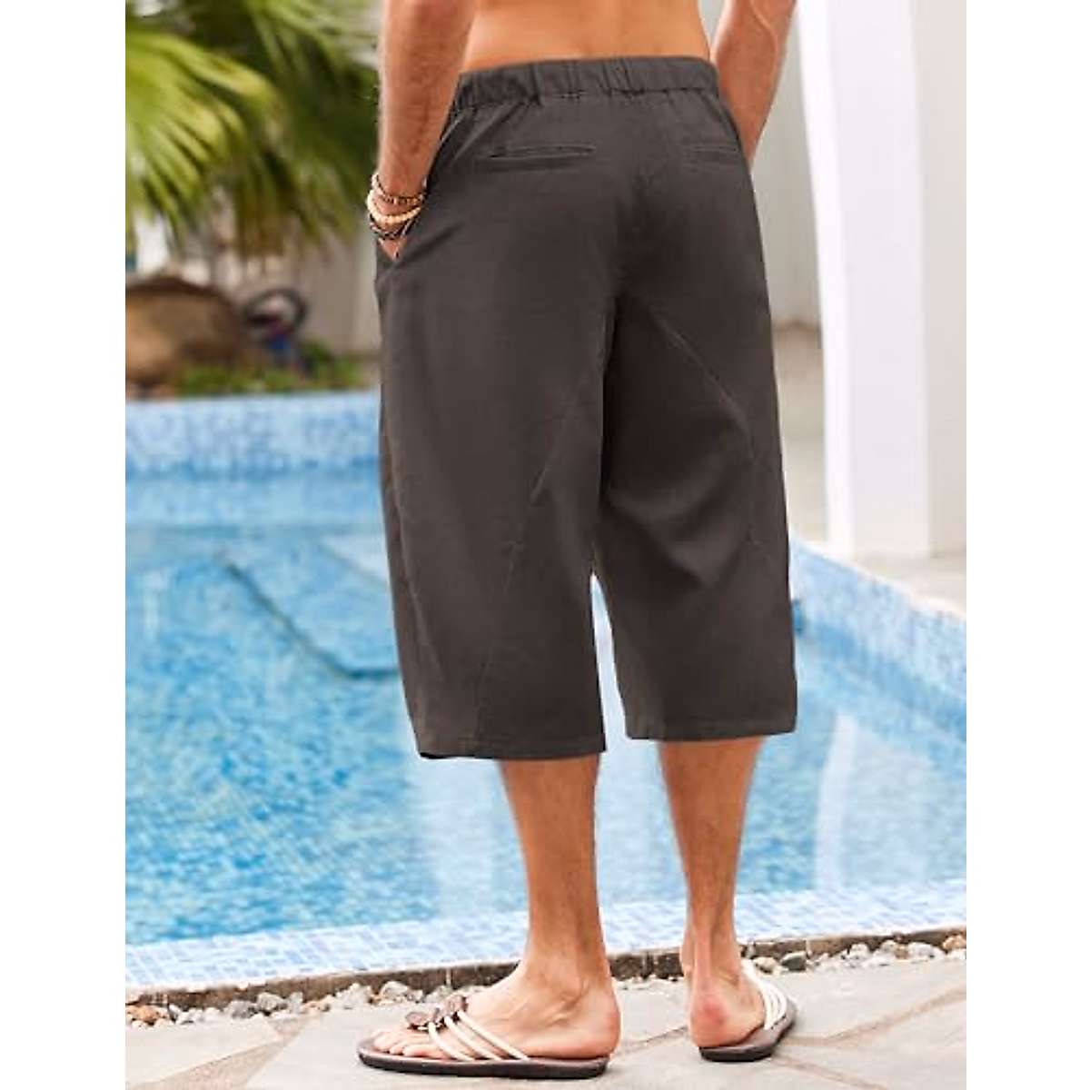 COOFANDY Capri Pants for Men Casual Cotton Linen Pants Elastic Baggy Capri Trousers Harem Capris, Dark Gray, XL