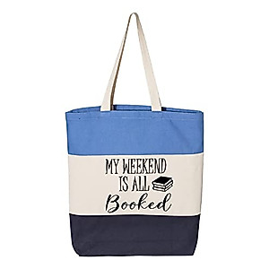 H3GRUP Book Lover Tote Bag Gift My Weekend is all Booked Funny Bibliophile Gift Library Bag Librarian Gift, Gift for Teacher (Tri-Color Blue, 15" L x 15" H x 3" D)