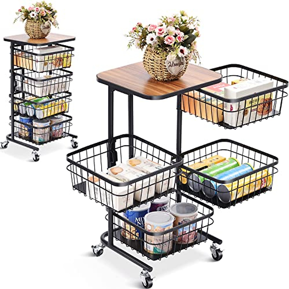 TOOLF Fruit Vegetable Basket, Rotating Storage Shelf, 5 Tier Metal Rolling Cart with Wooden Tabletop, Large Metal Baskets Rack with Wheels, Black