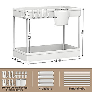 Hekaty 2PCS Under Sink Organizer and Storage Multi-purpose 2 Tier Bathroom Organizer Storage Cabinet Kitchen Organizer Storage With Cup & Hooks Cleaning Supplies Organizer with Hanging Cup Hooks White