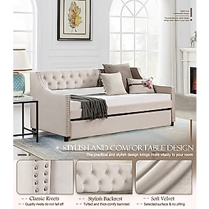 Obuvar Twin Size Daybed with Trundle, Upholstered Velvet Day Bed Frame with Tufted Button, Modern Furniture Sofa Bed for Living Room, Bedroom, Guest Room, Dorm, No Box Spring Needed, Beige