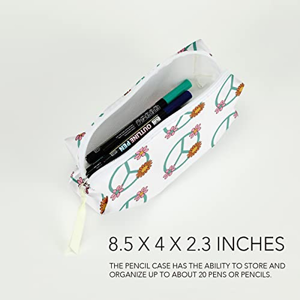 Pencil Pouch Pencil Case Pencil Bag Pen Case Pouch Box Organizer for Teen Girls Boys School Students Waterproof Zipper Pouch for Office Supplies Makeup, Groovy Hippie Retro Flower Peace Sign Decor