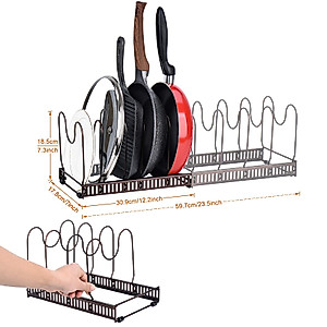 Toplife Adjustable 10+ Pans Organizer Rack + 7+ Lids Organizer Rack for Kitchen Cabinet and Counter, Brown