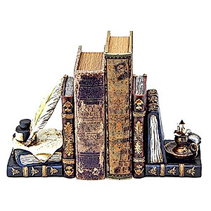 Bellaa 26324 Vintage Bookends Wizard Feather Quill Pen and Ink Bottle with Oil Lamp Antique Style Farmhouse Cottage Lodge Magic Home Decor
