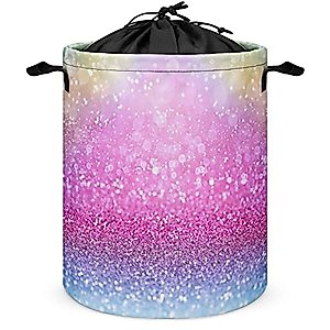 Rainbow Glitter Mermaid Laundry Hamper Collapsible Laundry Basket with Drawstring Waterproof Unicorn Pony Toys Storage Basket with Handle, 14x17.3 Inches