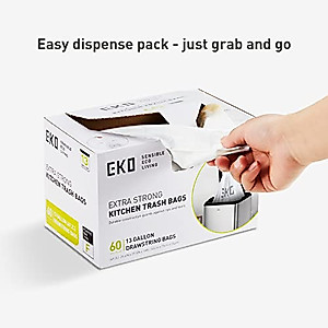 EKO Easy-Dispense Roll of 60 Count Extra-Strong Drawstring Kitchen Trash Bags - 13 Gallon Garbage Bags (40L-60L) 60 pack