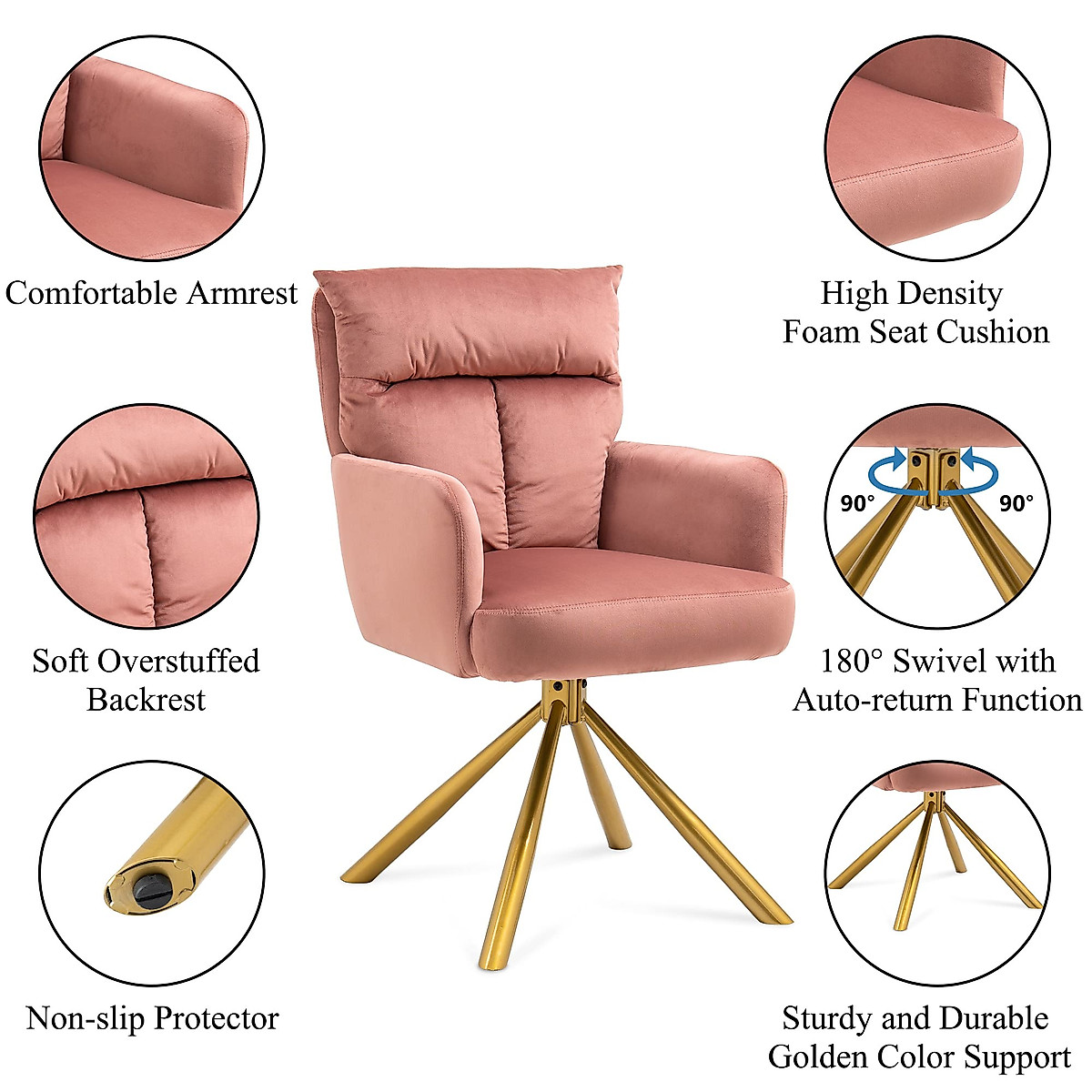 NORDICANA 180° Swivel Velvet Living Room Chair Modern Dining Armchair with Golden Legs Ergonomic Upholstered Accent Chair Single Sofa for Bedroom Reading Home Office, Rose Pink
