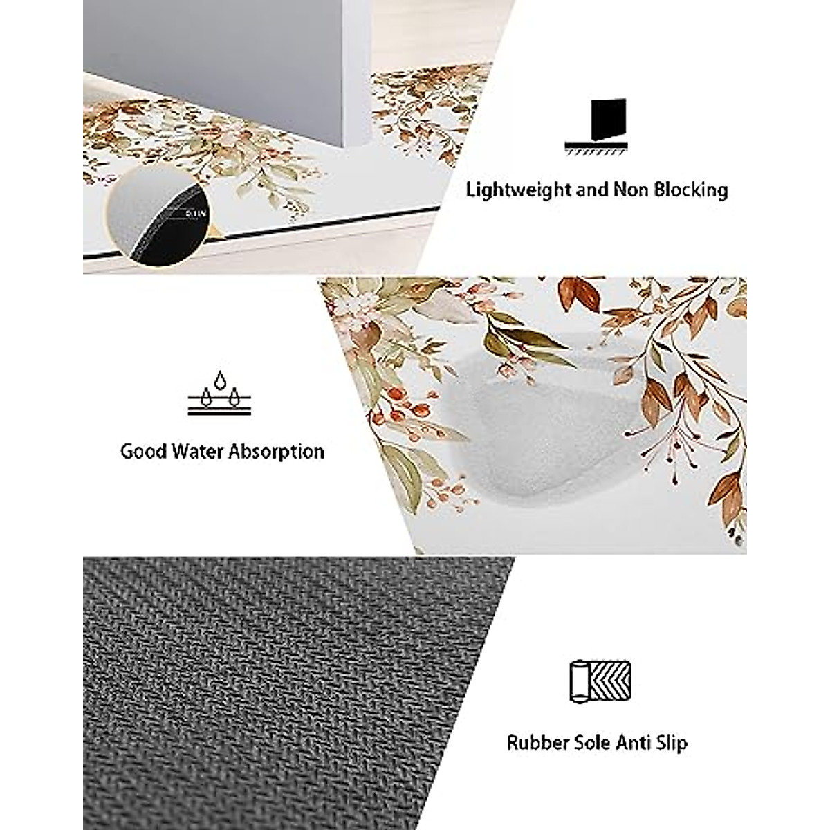 Eucalyptus Leaves Bath Mat for Tub,Non Slip Bathroom Floor Runner Rug Quick Dry & Absorbent Diatomaceous Earth Shower Sink Kitchen Doormat,Thanksgiving Fall Plant American Farmhouse 20x32+20x47