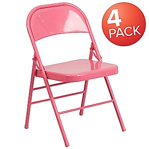EMMA + OLIVER 4 Pack Colorful Bubblegum Pink Triple Braced Metal Folding Chair