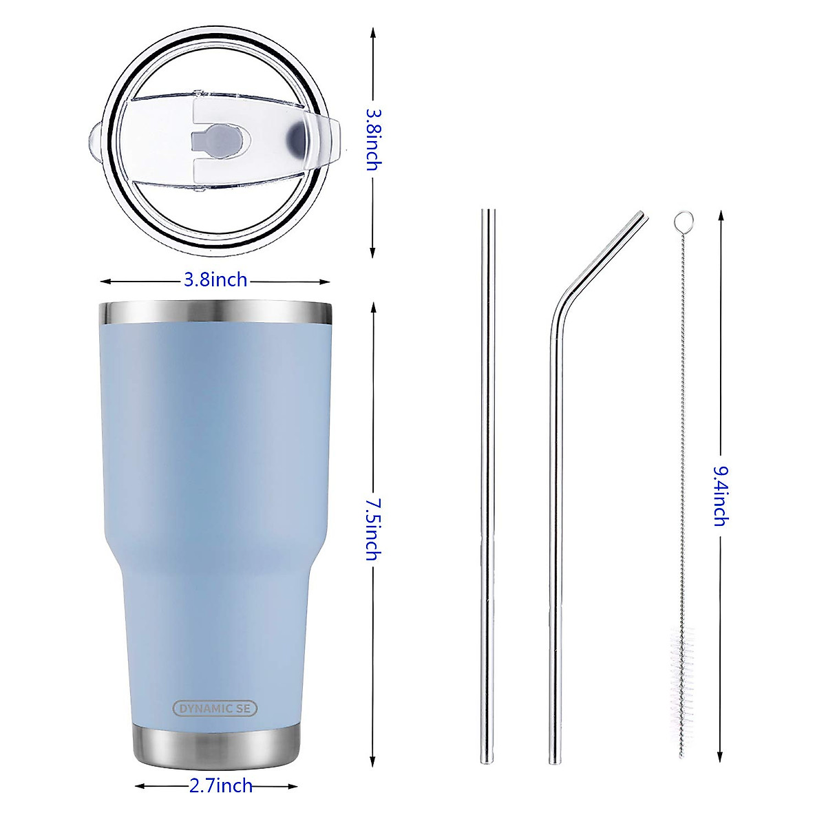 Product Image 30oz Blue Tumbler Stainless Steel Double Wall Vacuum Insulated Mug with Straw and Lid, Cleaning Brush for Cold and Hot Beverages