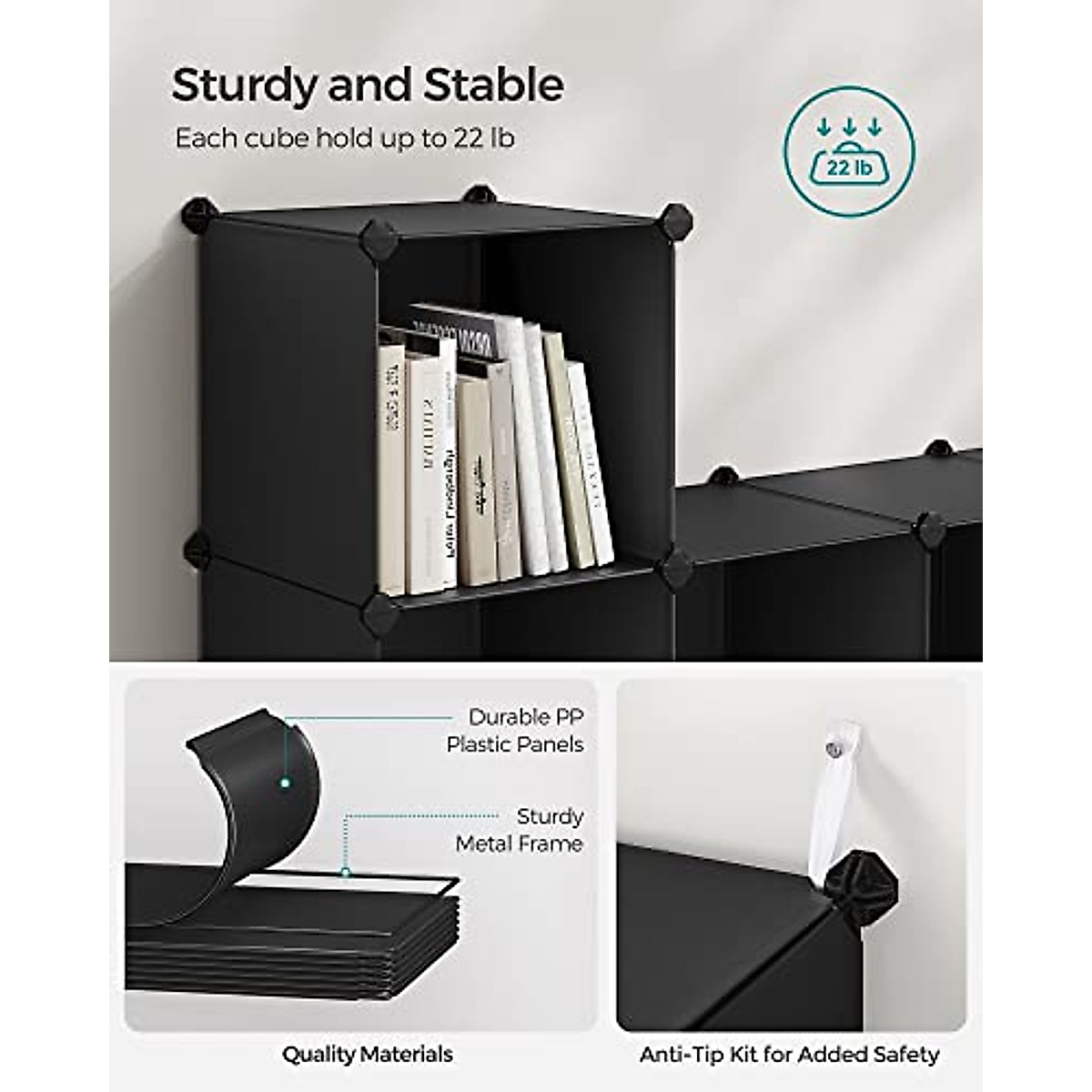 SONGMICS Cube Storage Organzier Portable Wardrobe Closet, 12 Cubes DIY Plastic Armoire Cabinet Modular Shelves Unit with Doors and Hanging Rods for Bedroom, Black ULPC301B01