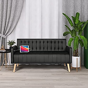 TYBOATLE 57" W Modern Striped PU Leather Loveseat Sofa w/ 2 USB Charging Ports, Mid Century Couch for Small Space Configuration, Living Room, Office, Apartment, Dorm, Black