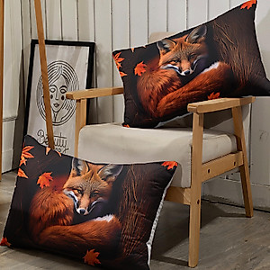 AILONEN Fox Fitted Sheet Set Full Size, Autumn Maple Leaves Orange Animal Bed Sheet Set,Cartoon Fox Sheets Set for Kids Boys Girls,3 Pieces, 1 Fitted Sheet and 2 Pillowcases