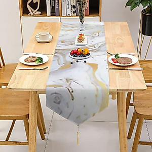 White Gold Flowing Marble Table Runner Spring Summer Table Runners Dresser Scarf for Home Party Holiday Kitchen Dining Table Decor 70x13 INCH