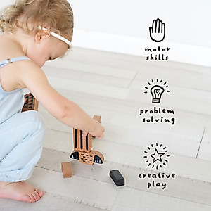 Wee Gallery Animal Tower Block Set - Wooden Building Blocks, STEM Learning Toy, Balance Game, Creative Building, Motor Skills, Quality Wood Pieces, for Children, Kids, Adults, Wild Animals Decor