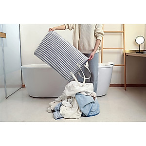 DOKEHOM 80L Freestanding Laundry Hamper with Handle, Collapsible Large Cotton Storage Basket for Clothes (Blue)