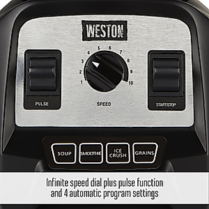 Weston Pro Series 2.4hp Blender with 64oz Tritan Jar, 4 Pre-Programmed Settings and Variable Speed Dial for Puree, Ice Crush, Shakes and Smoothies, Black and Stainless Steel (58914)