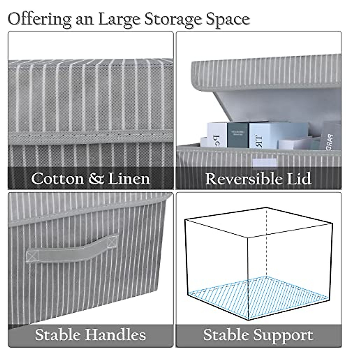DK.AMZ Foldable Storage Bins with Lids, Fabric Storage Basket for Shelves with Handles, Collapsible Closet Organizer for Home Office, 3-pack, 15 x 9 inches, Gray & White