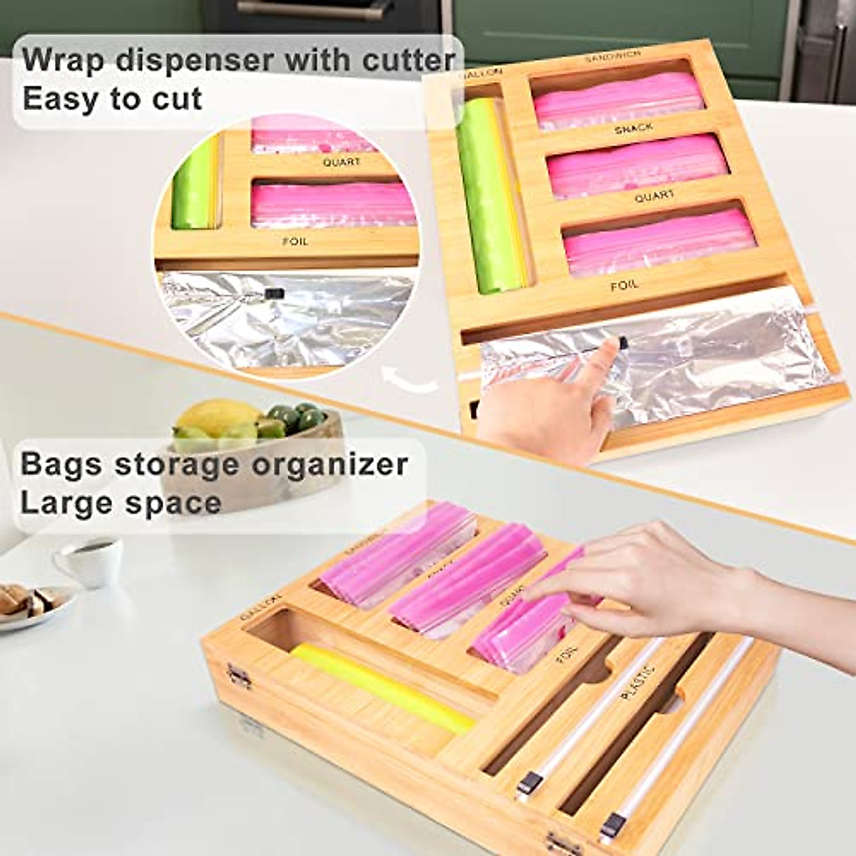 A+Westeros Ziplock Bag Storage Organizer,6-1 Wrap Dispenser with Cutter,Compatible with Gallon, Quart,Sandwich & Snack Bag, Foil and Plastic Wrap Organizer,Baggie Organizer for Drawer