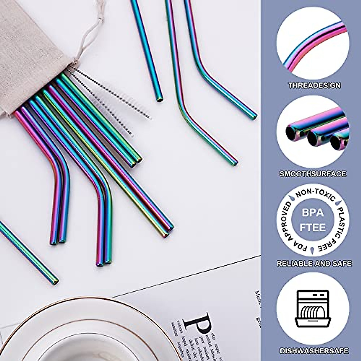 16-Pack Reusable 18/10 Stainless Steel Metal Straws with Silicone Tips & Cleaning Brush, Suotarn Long Drinking Straws for 20 24 30 oz Coffee Tumbler Travel Mug Cup, Dishwasher Safe, Rainbow
