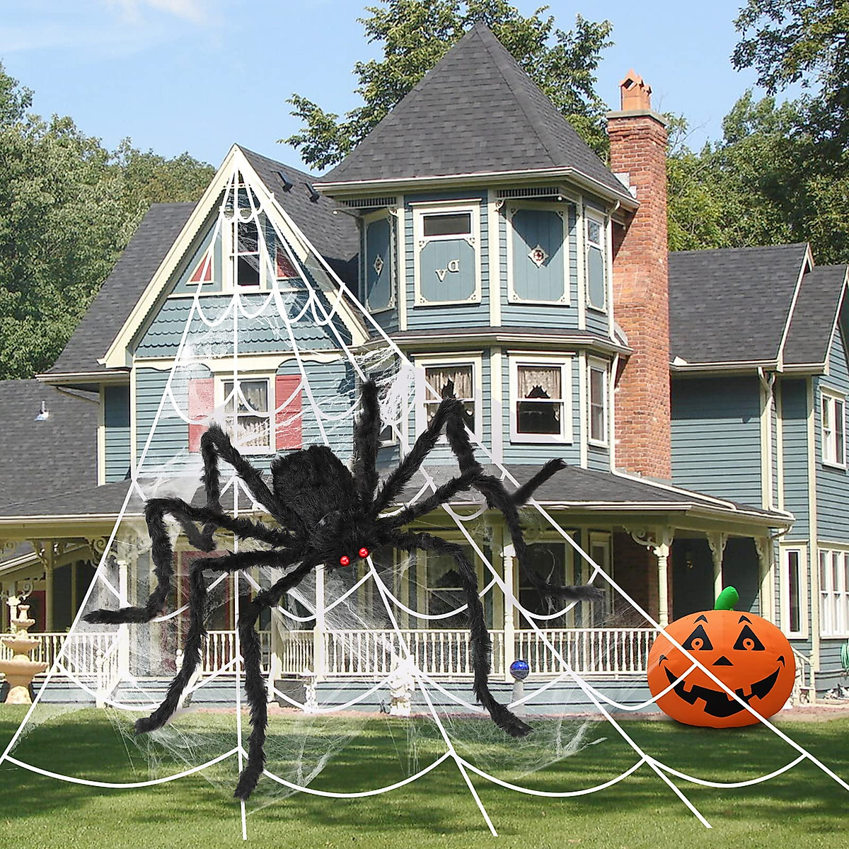 EZIGO Halloween Spider Decorations 3PCS Giant Spider Huge Spider Web Stretch Web Component of Huge Spider and Mega Spider Web Halloween Party Supplies Yard Halloween Outdoor Décor Haunted Decoration