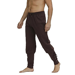 Men's Ankle Banded Cuff Renaissance Pants Medieval Viking Navigator Trousers Pirate Cosplay Costume with Drawstrings Brown-M