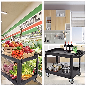 Service Cart 2-Shelf, Storage Handle, 500 lbs Capacity, for Warehouse/Garage/Cleaning/Manufacturing，45"X25"